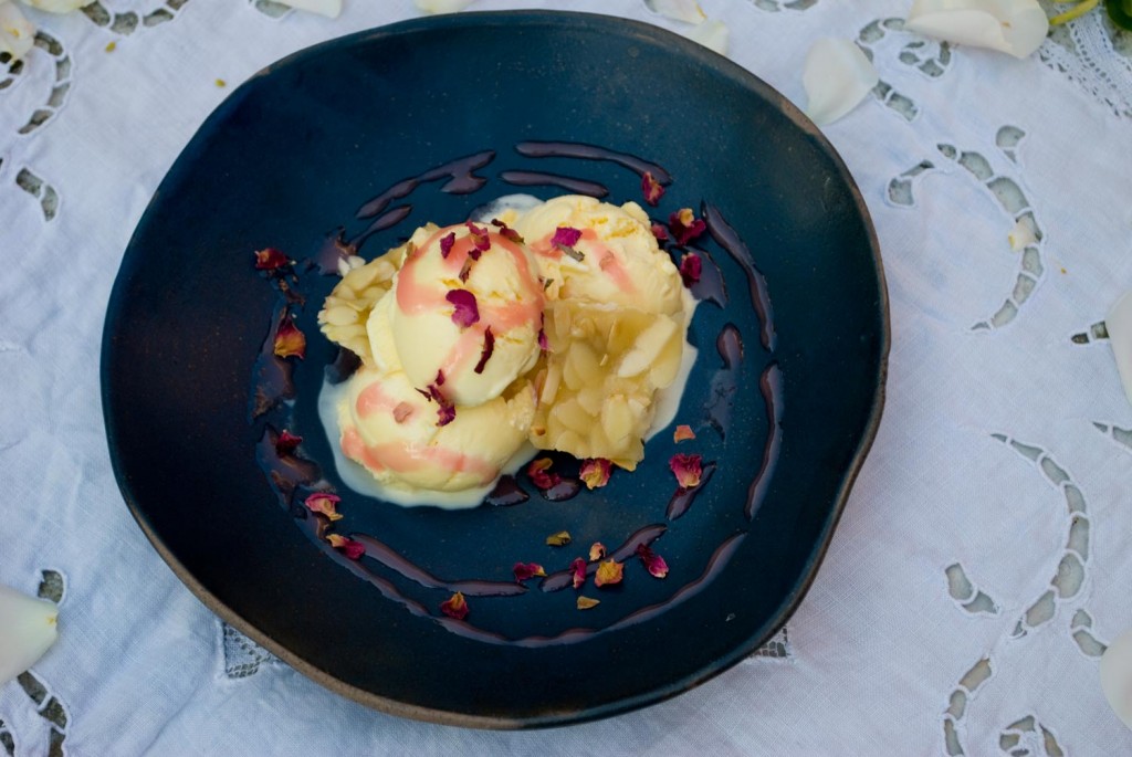 Honeysuckle ice cream with rose syrup & salted almond brittle - Juanita ...
