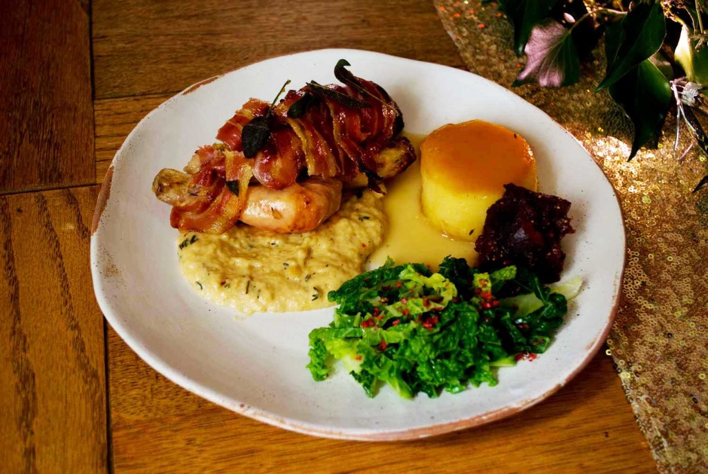 Apricot glazed roast poussin with bulgur wheat stuffing, fig and date ...